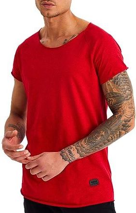 LEIF NELSON T-shirt dété à col rond profond pour homme, coupe droite, 100 % coton, décontracté basique pour homme, t-shirt à manches courtes, rouge, L