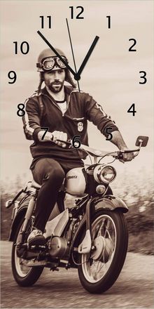 Wallario Design-Wanduhr, Acrylglasuhr Größe 30 x 60 cm, Schwarze Zeiger, Motiv Simson Fahrer in der DDR in Sepiafarben