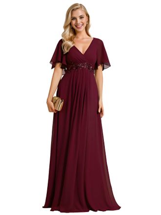 Ever-pretty Damen Abendkleid Lang Elegant f&uuml;r Hochzeit Appliziertes V-Ausschnitt A-Linie Ballkleider Chiffon Brautjungferkleider Burgund 36