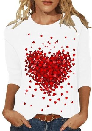 Generic T-shirt &agrave; manches trois-quarts et col rond imprim&eacute; graphique pour la Saint-Valentin 2026, Rouge, XXL