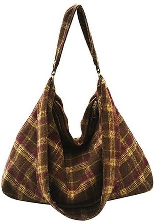 Generic Sac &agrave; bandouli&egrave;re en laine &agrave; carreaux pour femmes et filles, fourre-tout spacieux &agrave; rayures contrast&eacute;es pour usage quotidien