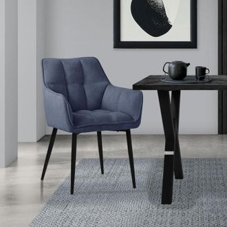 ML Design 1x Chaise de Salle &agrave; Manger en Tissu &Eacute;ponge, Bleu, Chaise de Cuisine avec Assise Rembourr&eacute;e &Eacute;paisse et Pieds M&eacute;talliques Noir, Dossier et Accoudoirs