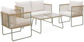 Sweeek Salon de jardin en corde r&eacute;sine plastique et acier galvanis&eacute;. table basse en verre tremp&eacute;. 4 places Kaki / Blanc