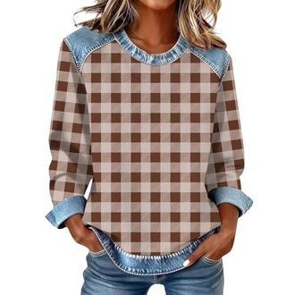 Generic Sweat-shirt en denim patchwork surdimensionn&eacute; &agrave; col rond pour femme - Pull confortable &agrave; manches longues - Chemises en jean tendance &agrave; carreaux - Haut