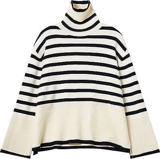 Generic Pull &agrave; col roul&eacute; pour femme, pull ray&eacute; &agrave; col roul&eacute; &agrave; manches longues surdimensionn&eacute; en tricot doux avec fente lat&eacute;rale, beige, XXL