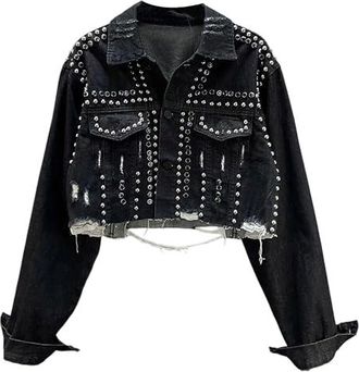 Generic Veste en jean pour femme, d&eacute;tail rivet&eacute;, coupe d&eacute;contract&eacute;e, d&eacute;lav&eacute;e, courte, style western, noire, grande taille