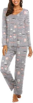 Ekouaer Pyjama Femme Ensembles de Pyjama Vêtements de Nuit Hiver Manches Longues, Café XL