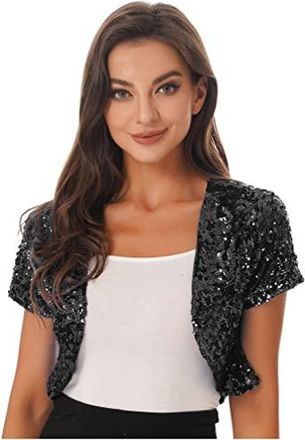 TiaoBug Femme Bol&eacute;ro Paillettes Gilet Ouvert Manches Courtes Cardigan Ch&acirc;le Soir&eacute;e C&eacute;r&eacute;monie Mariage Manteau Haut Danse Disco Costume Performance Clubwear Noi