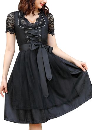 KOJOOIN Dirndl Damen Kurz 3Tlg. Trachtenkleid Midi f&uuml;r Oktoberfest mit Spitzensch&uuml;rze A-Schwarz 52