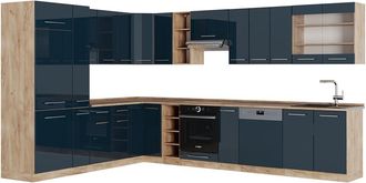 Vicco Eckküche Fame-Line, Dunkelblau Hochglanz/Goldkraft Eiche, 257 x 60 cm ohne Arbeitsplatte