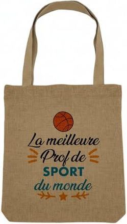 Fabulous Sac Shopping Tote Bag Aspect Lin - La Meilleure Prof de Sport du Monde Basket Ballon Equipe - Sac de Courses Toile Epaisse 360g Beige Naturel Cabas Po