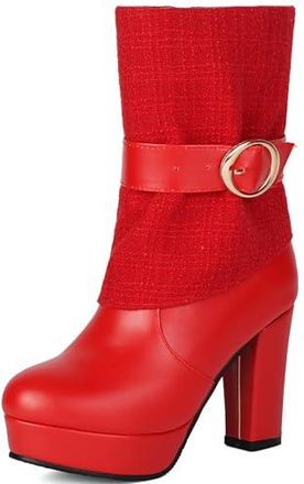 SJJH Bottes de cheville avec fermeture &eacute;clair lat&eacute;rale | Bottes pour femme pour les loisirs, talon 9,5 cm, mat&eacute;riaux m&eacute;lang&eacute;s, polyvalents, rouge, 38 EU