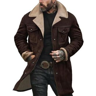 Generic Trench long pour homme avec doublure en polaire Sherpa - Veste en cuir - Veste dhiver chaude et rembourr&eacute;e - Doudoune - Marron - Vestes Trench - Mante