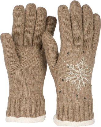 styleBREAKER Damen Handschuhe mit gestickter Schneeflocke, Strass und Fleece, warme Thermo Winter Strickhandschuhe 09010020, Farbe:Braun