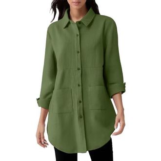 Generic Chemises en lin pour femme - Haut long boutonn&eacute; - Grande taille - Chemisier avec poches - Chemise de nuit grande taille pour femme, Vert, XXL