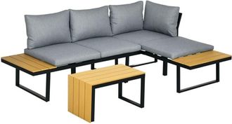 OUTSUNNY 3-tlg. Gartenm&ouml;bel-Set, Balkonm&ouml;bel mit Sitzkissen, Gartenlounge-Set mit Ecksofa, Doppelsofa, Couchtisch, f&uuml;r Terrasse, Balkon, Alu, Dunkelgrau+Natur