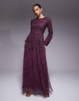 Beauut Robe longue en tulle ornée de perles à manches ballon - Prune-Violet