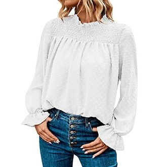 Generic Chemise en mousseline de soie &agrave; manches longues pour femme - Automne et hiver - Col rond - Volants - Couleur unie, blanc, XL