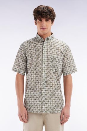 Eden Park Chemise À Manches Courtes En Coton Kaki Imprimé Fleurs Graphique Coupe Droite