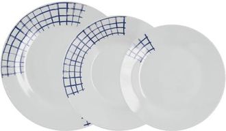 Quid Kansas Porzellangeschirr, 18-teilig f&uuml;r 6 Personen, flache Teller 23 cm, tief 20 cm, Dessert 19 cm, geometrisches Design Blau und Wei&szlig;