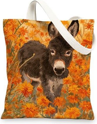 Generic Sacs fourre-tout en toile motif âne artistique, sacs dépicerie réutilisables, légers et lavables avec bandoulière, Orange, 13x15 Inch