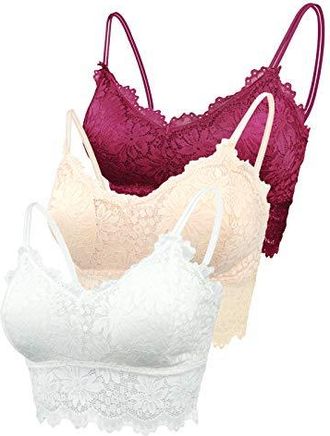 Feoya Damen Blumen Spitzen BH Ohne Buegel 3 pcs Bralette Bustier Bequemer Lace Bra mit Gepolstert Yoga Spitze BH Bra Top Set Sport-BHS für Women