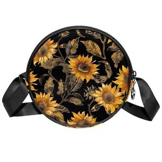 Generic Sac &agrave; bandouli&egrave;re rond pour femme, motif tournesols r&eacute;tro avec fermeture &eacute;clair, bretelles r&eacute;glables, sac &agrave; main rond d&eacute;contract&eacute; pour femmes et fille