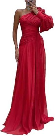 Generic Robe de soir&eacute;e pliss&eacute;e en gaze avec fente haute pour femme - Robe longue &agrave; une &eacute;paule et manches lanterne, 01 Rouge, M