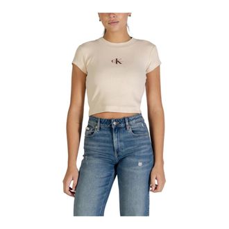 Calvin Klein Jeans Femme, Tops, Beige, Taille: 42 FR T-Shirt &agrave; Manches Courtes et Col Rond