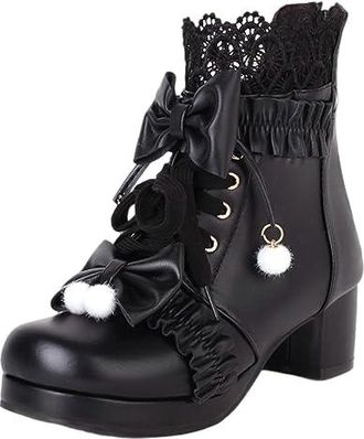 Rismart Femmes Bottines &agrave; Chevilles Plateforme Talon Epais Bout Rond Fermeture Eclair Lolita Bottes Chaussures Noir, 38 EU