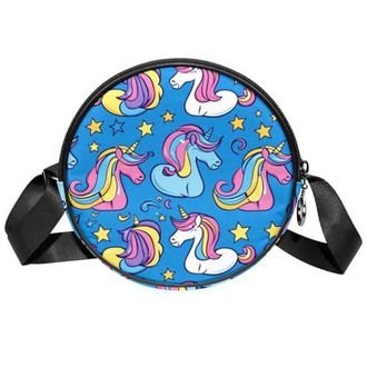 Generic Petit sac &agrave; bandouli&egrave;re rond pour femme, motif licorne et &eacute;toiles, avec fermeture &eacute;clair, bretelles r&eacute;glables, style d&eacute;contract&eacute;, pour femmes et fille