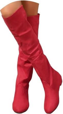 Generic Bottes plates au genou pour femme, bottes mi-mollet souples &agrave; talon bas avec fermeture &eacute;clair lat&eacute;rale, bout rond, en cuir vintage, bottines habill&eacute;es