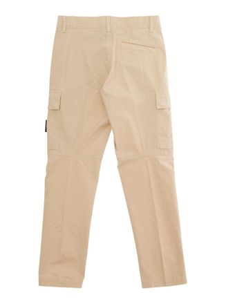 Stone Island Boys Pants With Logo Patch, Beige Cotton Trousers
