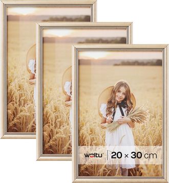 Woltu Bilderrahmen 20x30cm 3er Set Fotorahmen Holzrahmen mit Passepartout, zum vertikalen oder horizontalen Aufhängen/Aufstellen, Posterrahmen Collage Wandd