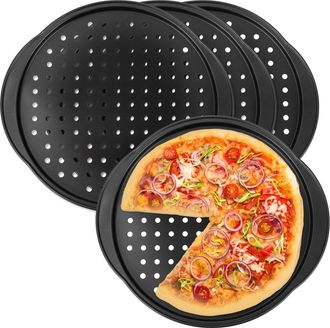 Healifty Pizzableche mit L&ouml;chern aus Karbonstahl 4 St&uuml;ck Antihaftbeschichtet 35,5X32X1,3cm f&uuml;r Gleichm&auml;&szlig;iges Backen im Ofen zu Hause und in der Gastronomie