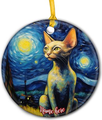 Generic Nackte Katze Auf Dem Gras In Einer Sternenklaren Nacht Ganzk&ouml;rper Weihnachtsbaum Deko Geschenkanh&auml;nger Christbaumschmuck Anh&auml;nger Keramikstbaumschmuck
