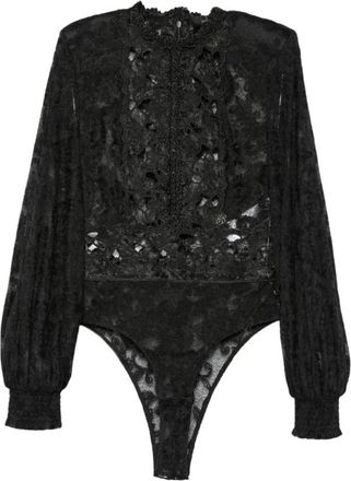 BABYLON Body en dentelle &agrave; col haut brod&eacute; - Femme - Tops - Noir - Taille: 48 FR