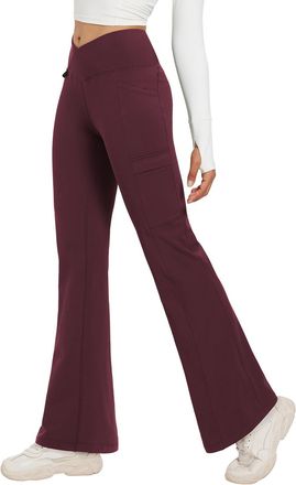 Baleaf Thermo Hose Damen Thermo Leggings mit Taschen Wanderhose Wasserabweisend Bootcut Leggings Schlaghose Warm Winterhose 31 inch Weinrot XXL