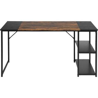 Furniture R FurnitureR Poste de travail informatique, bureau avec 2 niveaux de rangement pratiques, grande table de travail, brun et noir r&eacute;tro, 140 x 60 x 74 cm