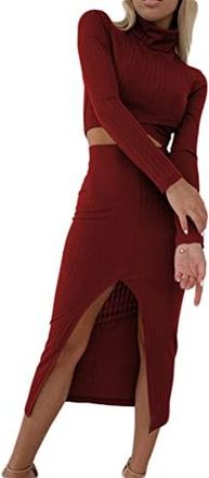 Onsoyours Femmes Robe Deux Pièces Ensemble Cols Roulés Maigres Crop Top Et Jupes Fendues Latérales Midi Robe Décontractée A Vin Rouge XL