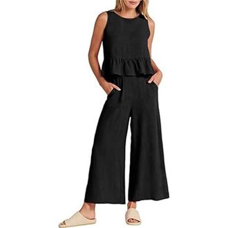 Generic V&ecirc;tements de sport 2 pi&egrave;ces pour femme - Ensemble d&eacute;contract&eacute; &agrave; manches courtes - Haut assorti - Pantalon large - Tenue de d&eacute;tente pour femme - Ensemb