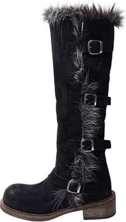 Generic Bottes Hautes Femme dHive Talon Bas Bout Rond Doublure En Peluche Chaude Boucle Bottes Semelle Antid&eacute;rapante Vintage Tendance Chaussures D&eacute;contract&eacute;es