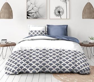 LE CLOS DES SONGES Parure de Couette 220x240 cm - 3 pièces - Percale de Coton Douce - Housse + taies - Blanc & Bleu - Modèle Lélégante