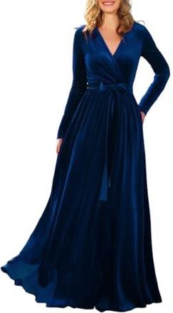 Minetom Robe Velours Femme Longue Hiver &Eacute;l&eacute;gante Col V Manches Longues C&eacute;r&eacute;monie Cocktail Mariage Soir&eacute;e F&ecirc;te Dress B Bleu L