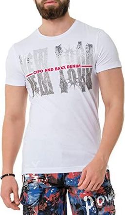 Cipo & Baxx T-shirt &agrave; manches courtes imprim&eacute; strass pour homme CT733, Blanc., S
