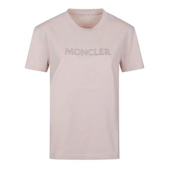 Moncler Femme, Tops, Rose, Taille: 40 FR T-shirt en coton avec logo brod&eacute; ton sur ton