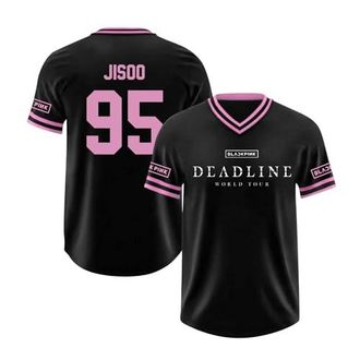Generic Maillot de Baseball imprimé Noir et Rose Kpop Lisa Jennie Jisoo Rose, t-Shirt de Baseball Hip-hop à col en V pour Les Fans de Musique 03-5 L
