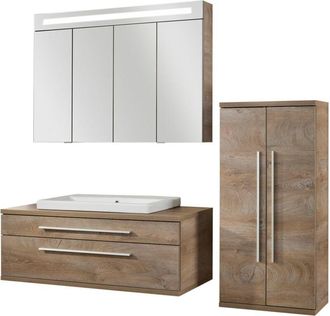 Fackelmann stanford Badm&ouml;bel Set 4-teilig, 110 cm breit, Braun, Keramik+Spiegelschrank+Midischrank-90336145