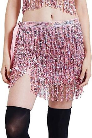 Generic Jupe &agrave; paillettes pour danse du ventre - &Eacute;charpe indienne boh&egrave;me &agrave; franges &agrave; paillettes pour femme - Mini jupe scintillante pour spectacle de costume,