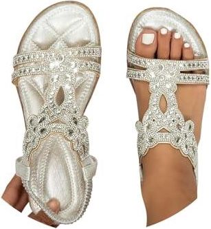 Generic Sandales plates d&eacute;t&eacute; d&eacute;contract&eacute;es et l&eacute;g&egrave;res &agrave; enfiler en similicuir avec barre en T et strass pour femme, A Silver, 35.5 EU